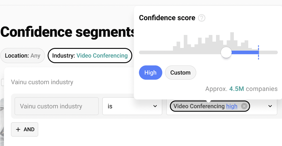 Filtering by Vainu Custom Industry Confidence Score